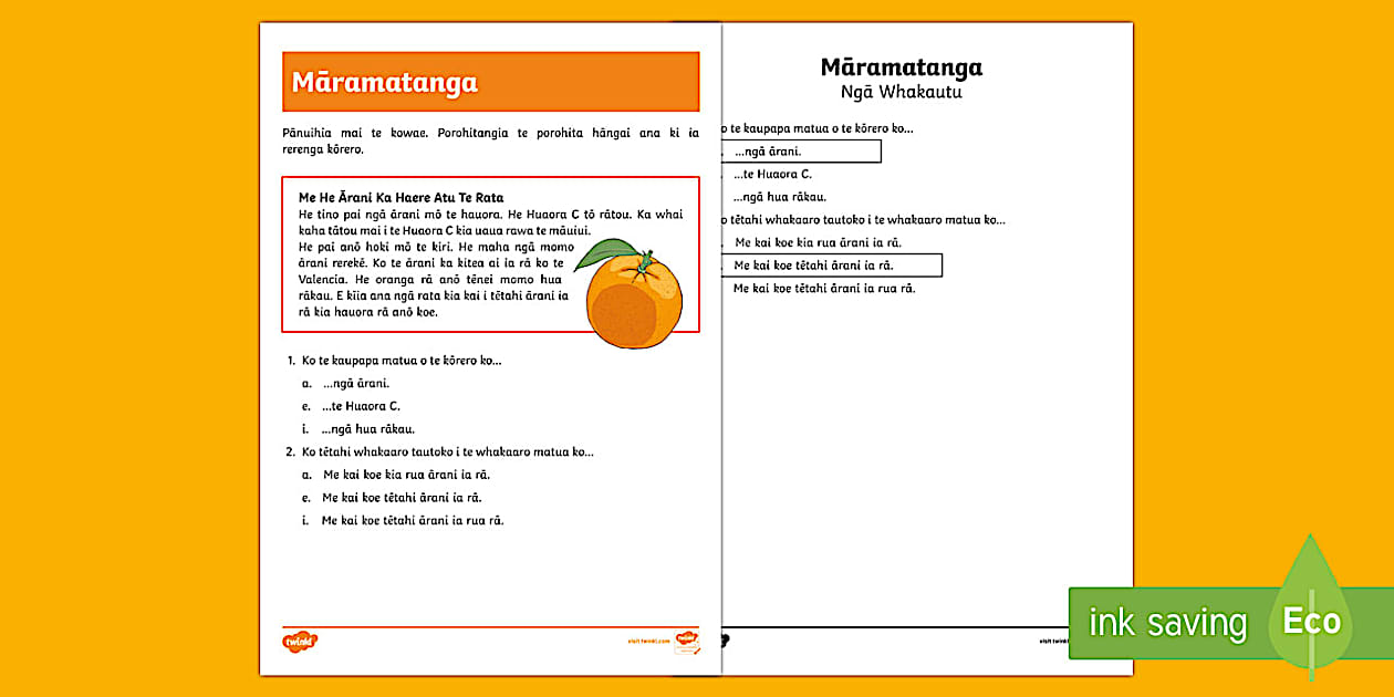 Te Reo Māori Orange Reading Comprehension Worksheet