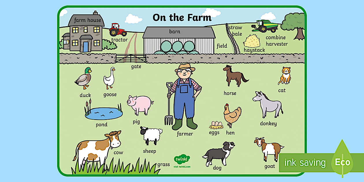 On the Farm Scene Word Mat - Farm Vocabulary - Twinkl
