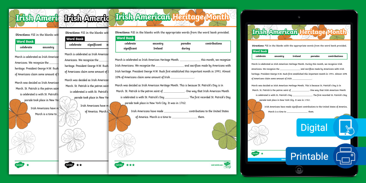 Third Grade Irish American Heritage Month Cloze - Twinkl