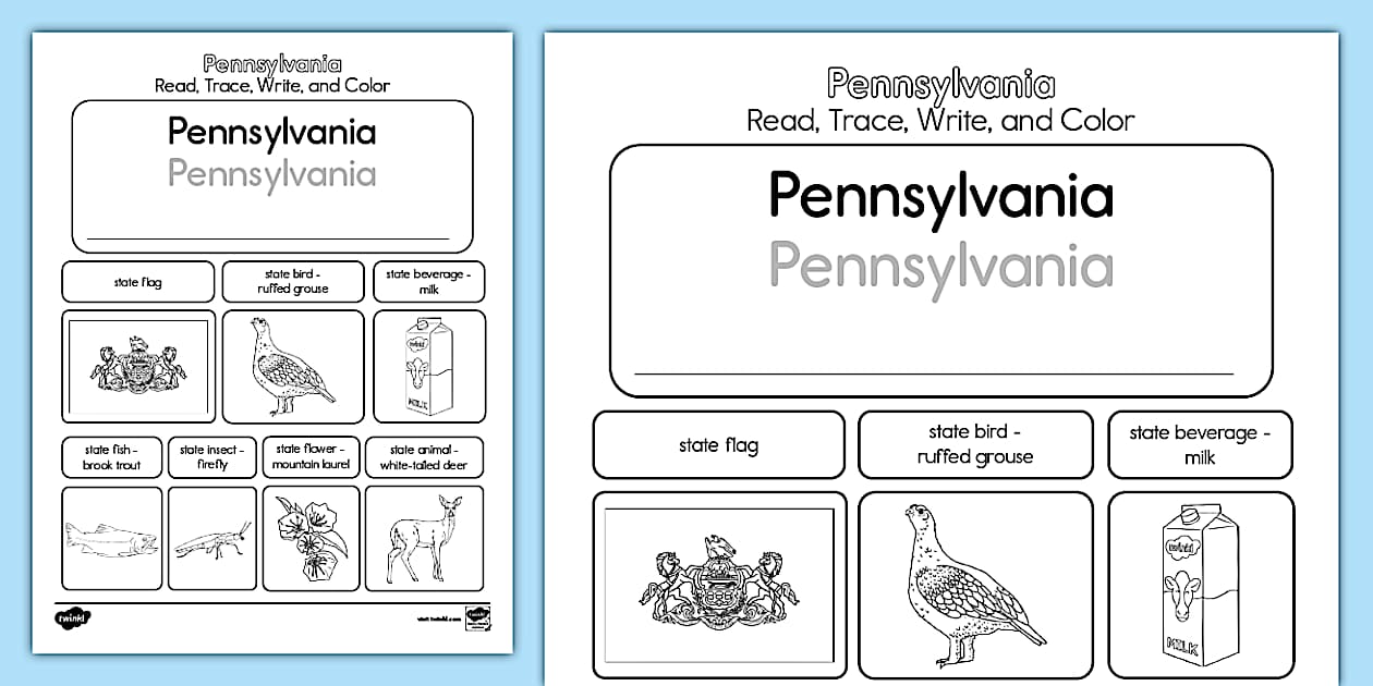 Pennsylvania Read, Trace, Write, and Color Worksheet