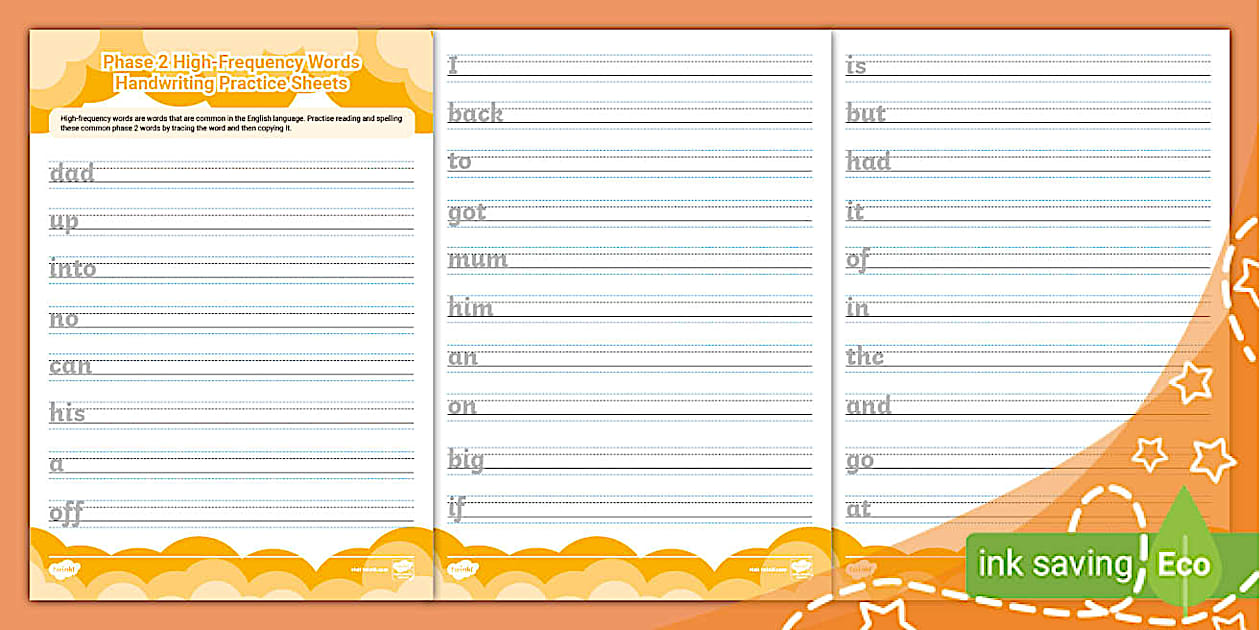 Phase 2 High-Frequency Words Handwriting Practice Sheets