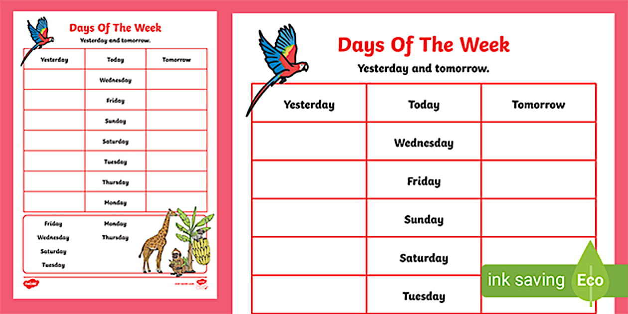Editable Days of the Week Yesterday and Tomorrow Worksheet
