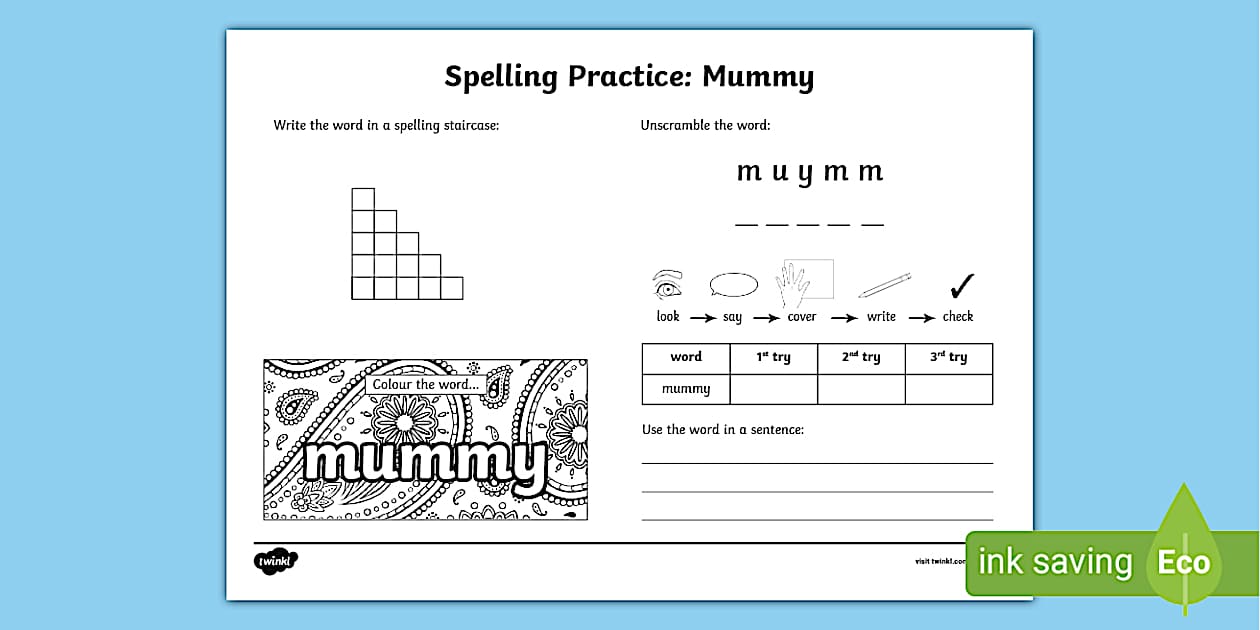 Mummy Spelling Practice Worksheet (teacher made) - Twinkl
