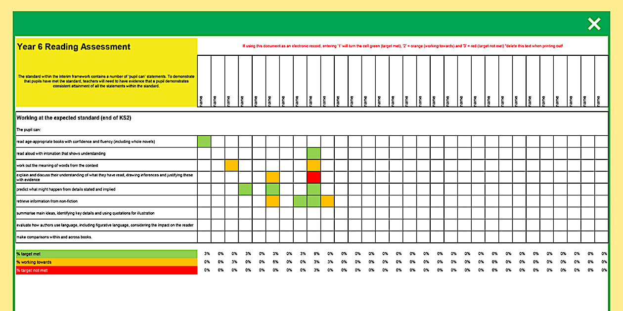 End of KS2 2018 - 2019 Teacher Assessment Framework Spreadsheet Reading