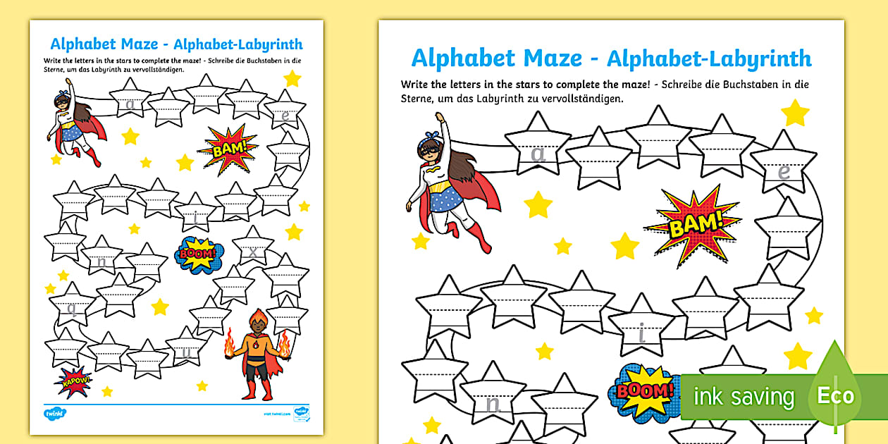 Black and White Superhero Themed Alphabet Maze Worksheet English/German