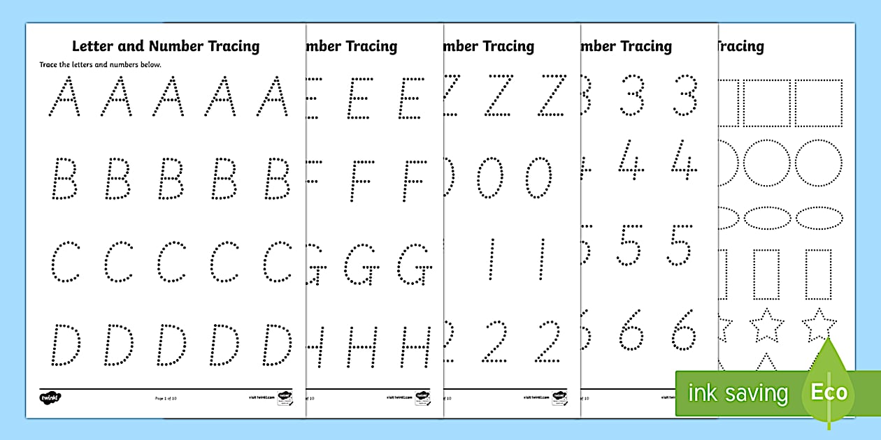 Letters Numbers and Shapes Tracing Worksheets - Twinkl