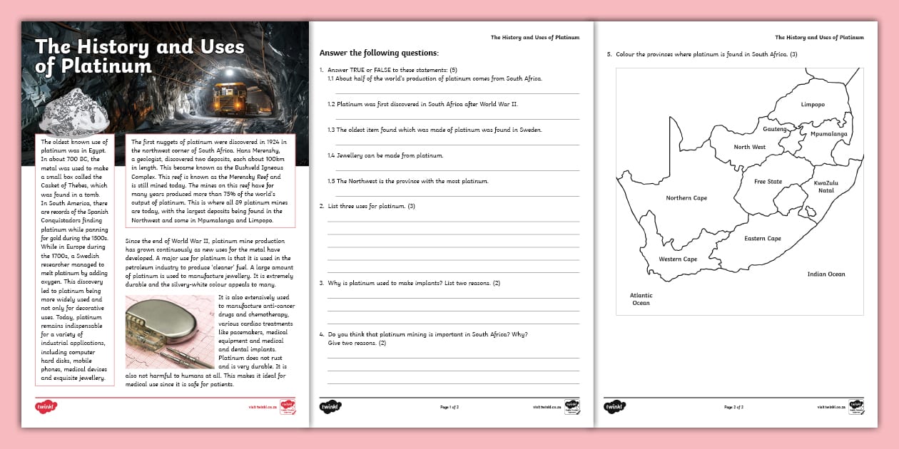 The History and Uses of Platinum - Activity Sheet
