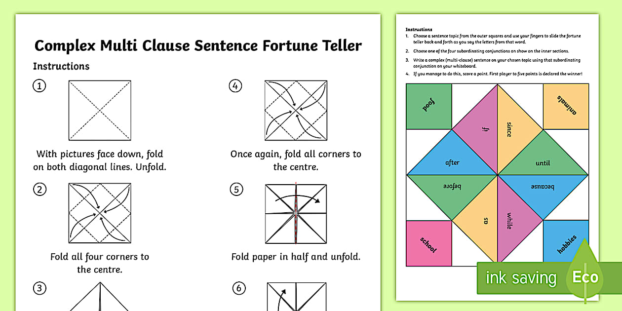 Complex (Multi Clause) Sentence Fortune Teller Game - ESL Complex Sentences