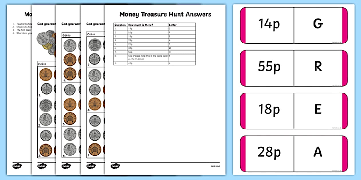 Editable Money Treasure Hunt Worksheet (teacher made)