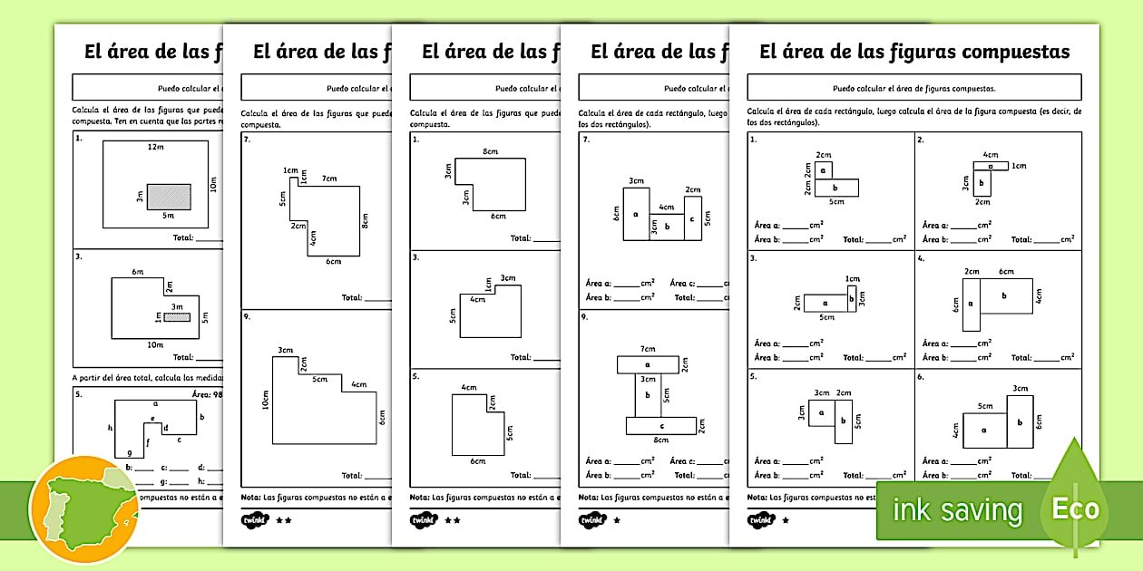 Fichas de área de figuras planas, compuestas y ejercicios