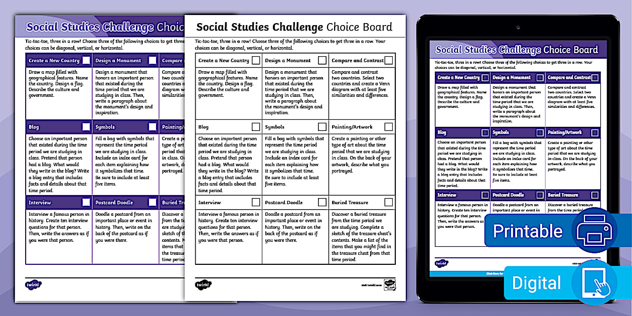 Social Studies Challenge Choice Board for 6th-8th Grade