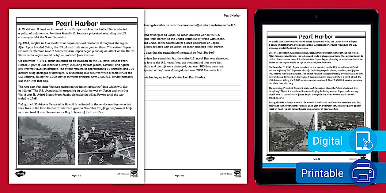 Eighth Grade Pearl Harbor Reading Passage Comprehension Worksheet