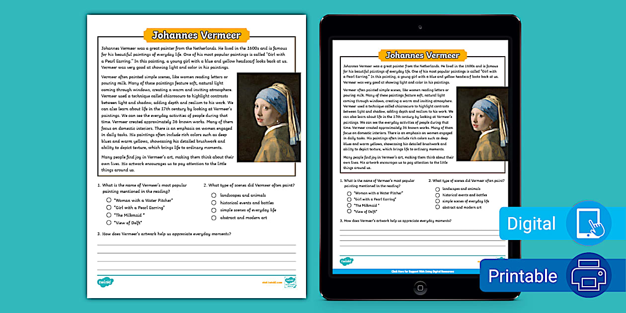 Fifth Grade Johannes Vermeer Reading Comprehension - Twinkl