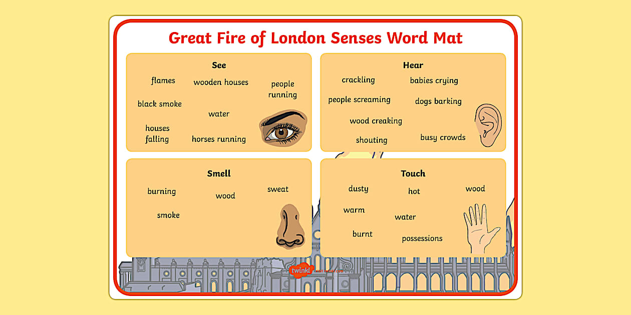 Cursive Great Fire of London Senses Word Mat (teacher made)