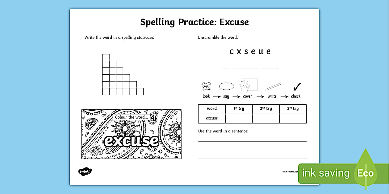 Excuse Spelling Practice Worksheet (Teacher-Made) - Twinkl