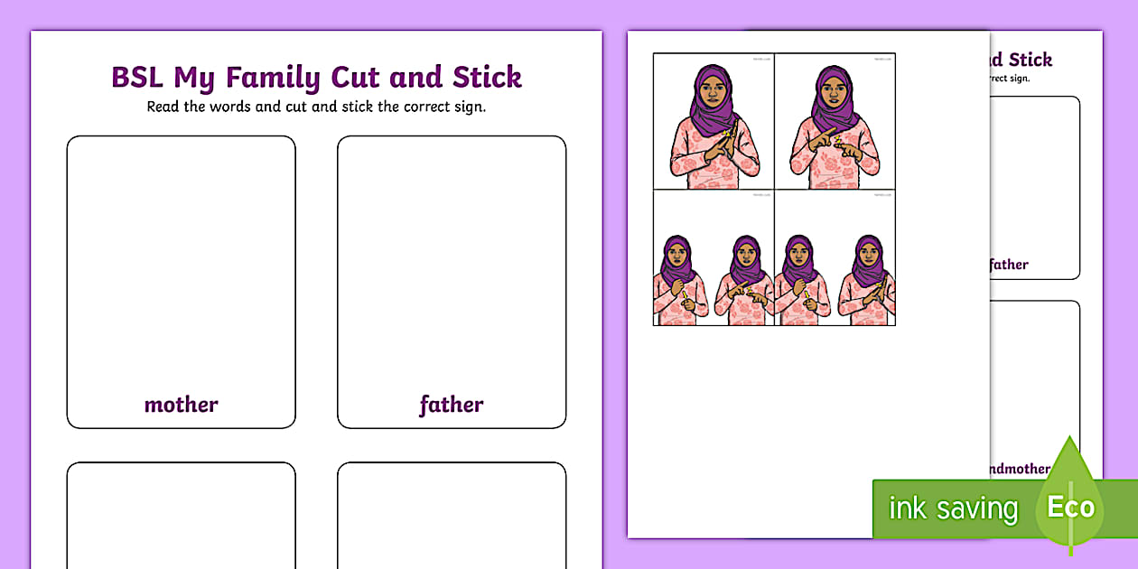 Black and White BSL My Family Cut and Stick Worksheet