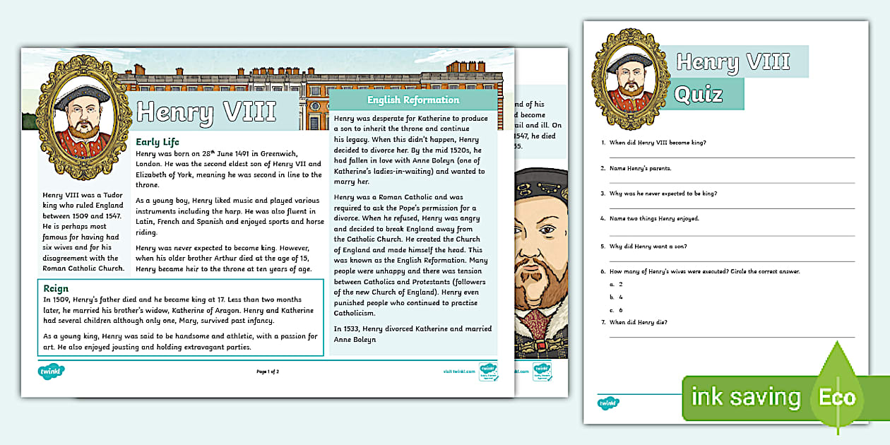 Fact File and Quiz - Henry VIII facts for KS2 (teacher made)