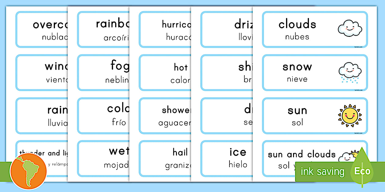 Weather Word Cards English/Spanish - Weather Word Cards