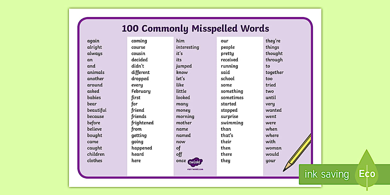 100 Most Common Spelling Mistakes in English PDF | Primary