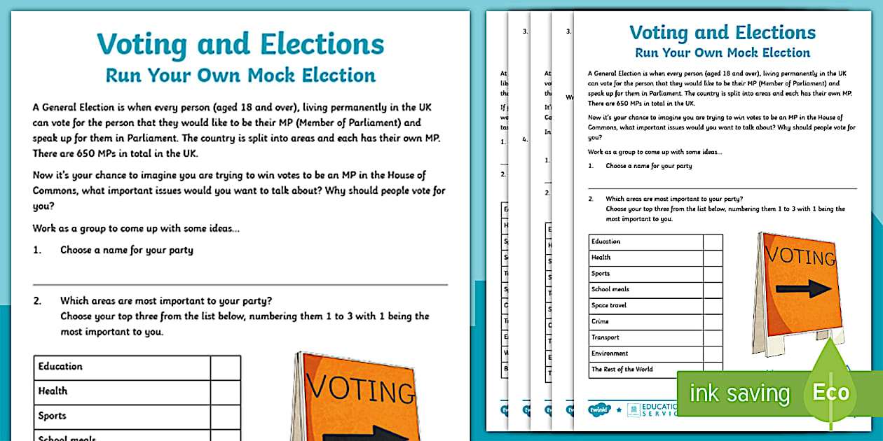 Lower Ability UK Parliament: Elections and Voting Mock Election Worksheet