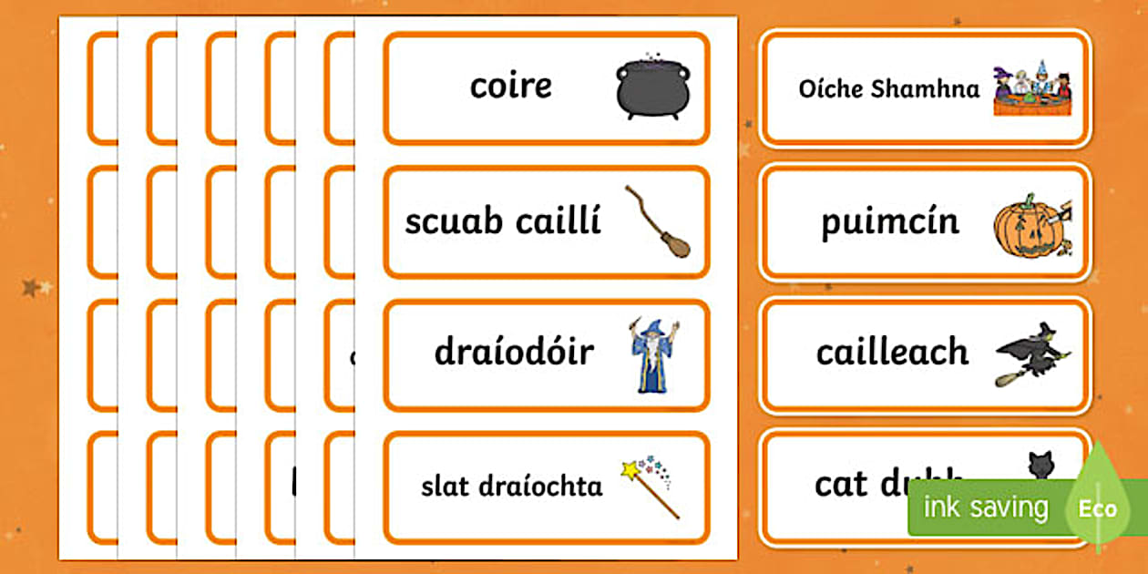 Junior Cycle Oíche Shamhna Word Cards in Gaeilge - Twinkl