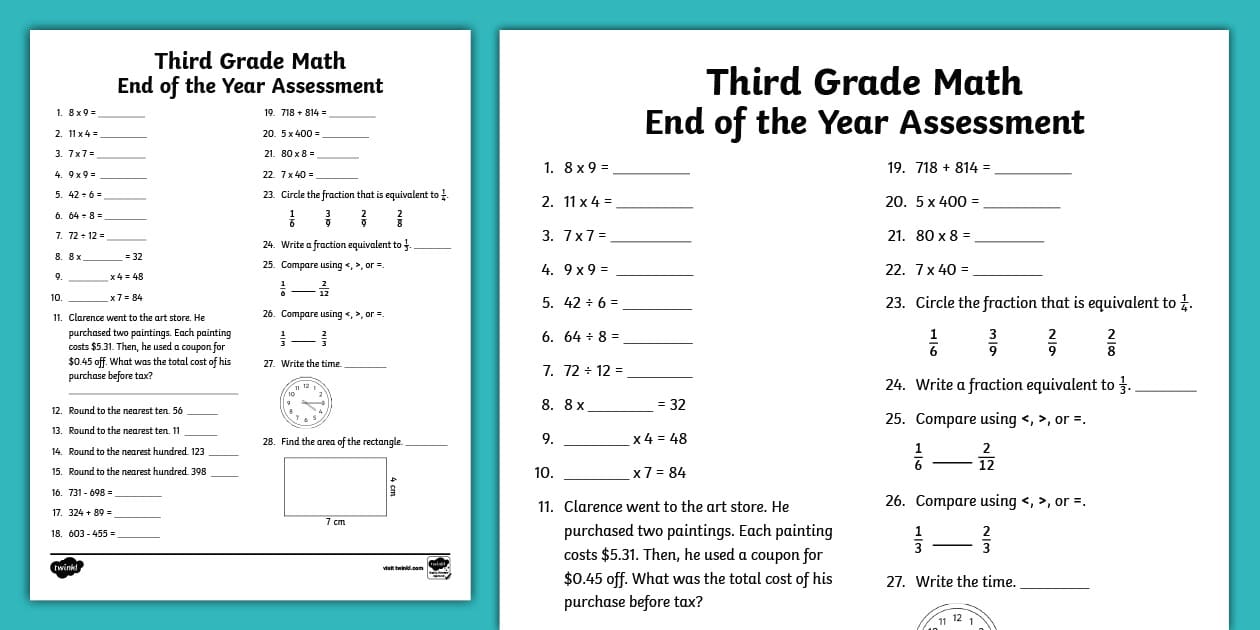 Third Grade End of the Year Math Assessment (teacher made)