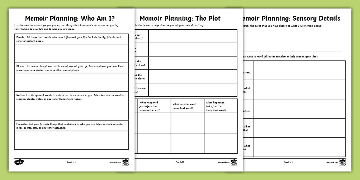 Memoir Planning Worksheet for 6th-8th Grade (teacher made)