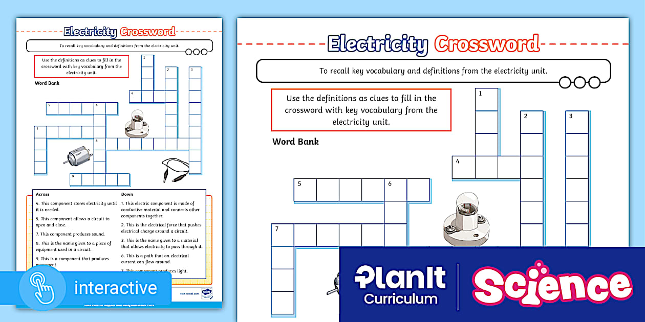 Y6 Electricity: Interactive PDF: Electricity Crossword