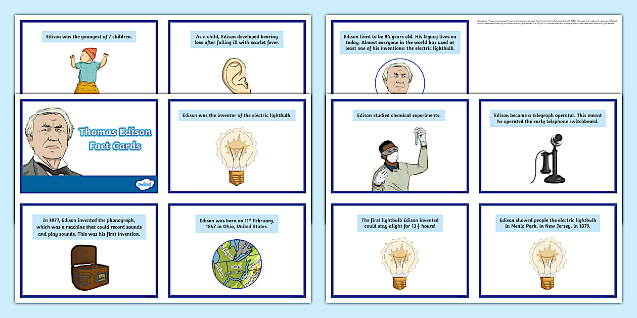 Thomas Edison Fact Cards (teacher made) - Twinkl