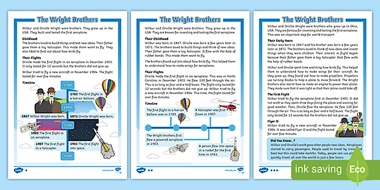 Editable The Wright Brothers Differentiated Reading Comprehension Activity