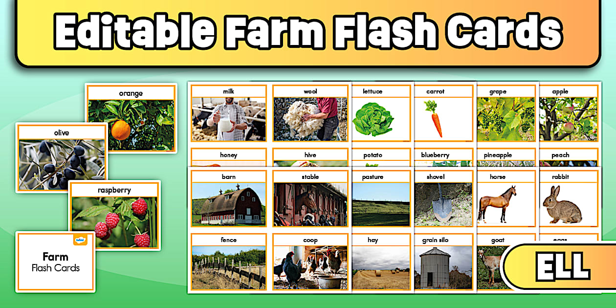 Editable Farm Vocabulary Flash Cards for ELL