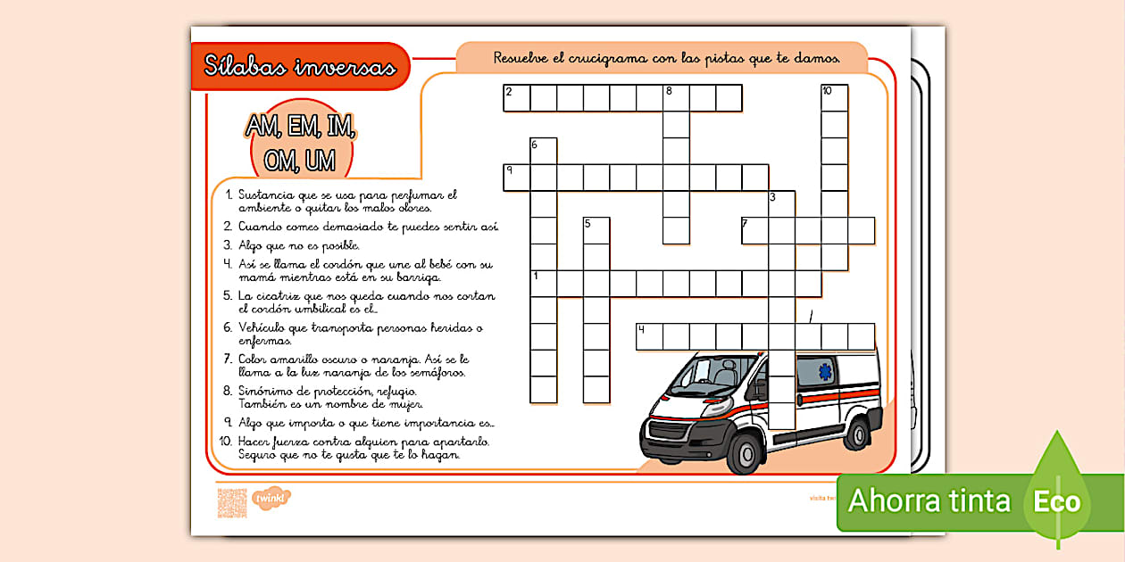 Crucigrama: Sílabas inversas AM, EM, IM, OM, UM - Twinkl