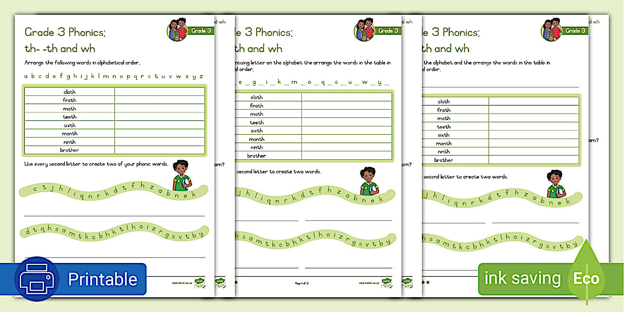 Grade 3 Phonics th-, -th and wh Differentiated Worksheets