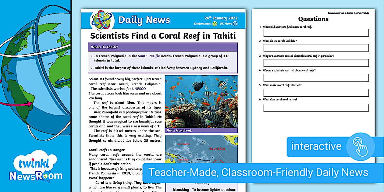 ESL Reading Interactive PDF New Coral Reef Found Near Tahiti