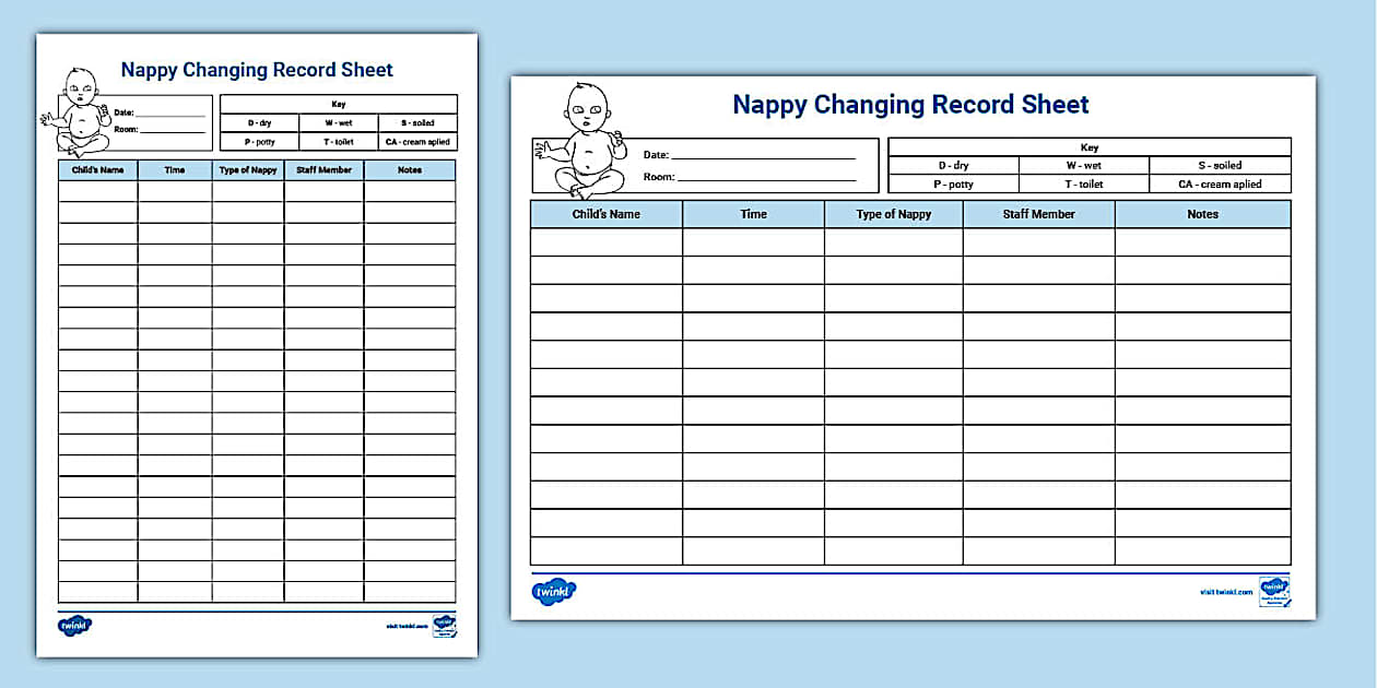 Nappy Changing Record Sheet for Private Childcare Settings