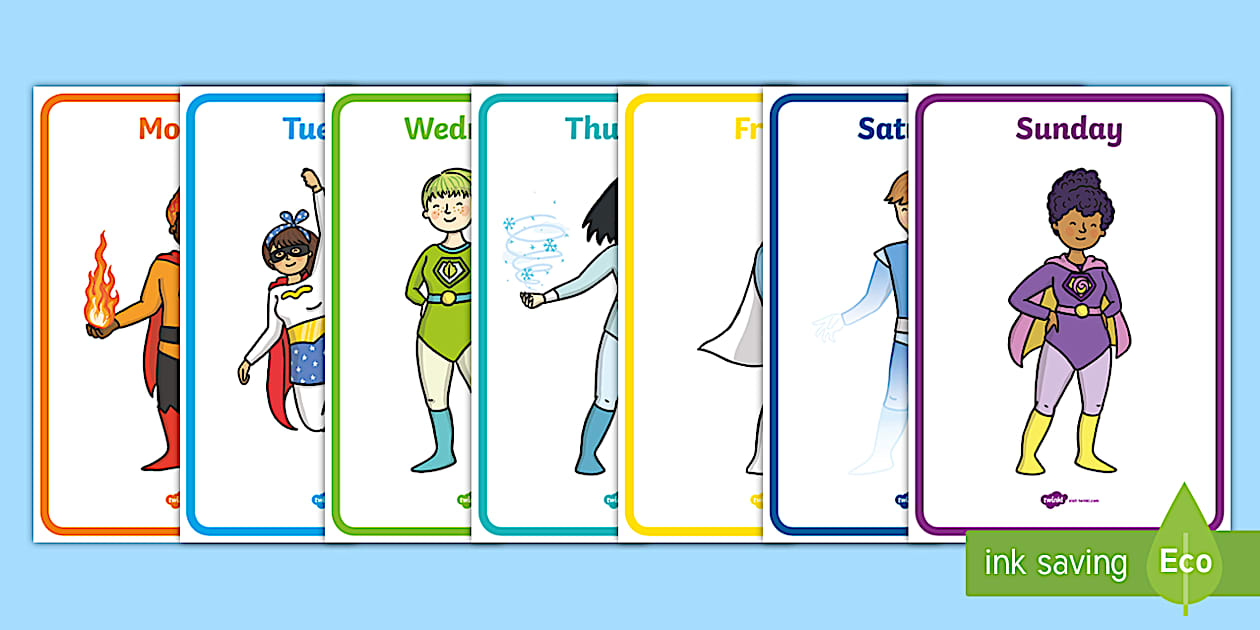 Black and White Superheroes Days of the Week Display Posters