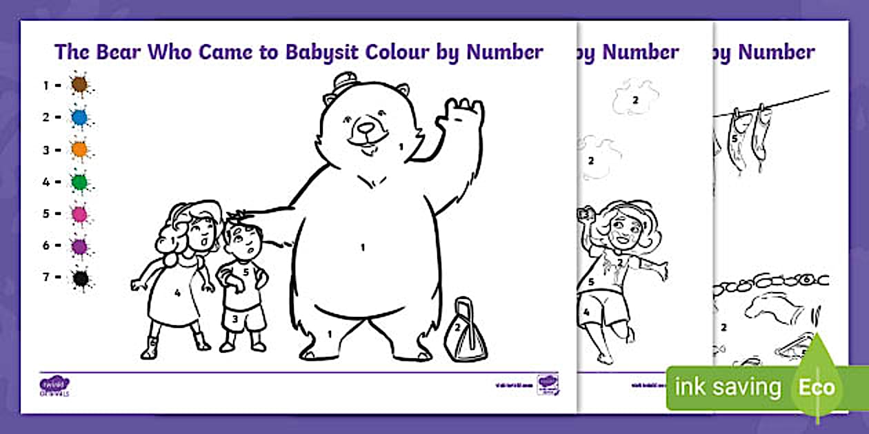 Black and White EYFS The Bear Who Came to Babysit Colour by Number Activity