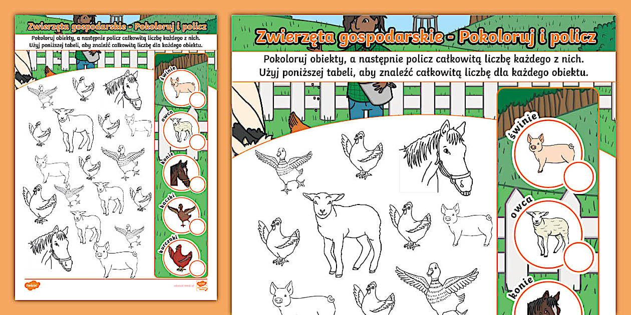 Zwierzęta gospodarskie | Pokoloruj i policz | Karta pracy