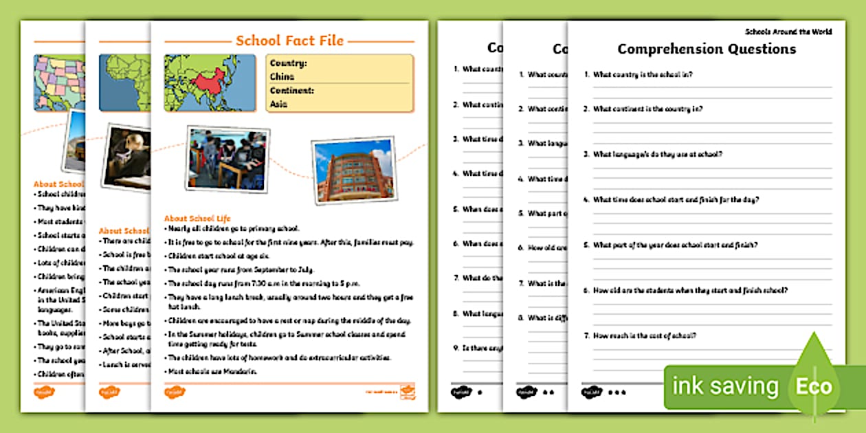 Comprehension Pack Schools Around the World - Twinkl