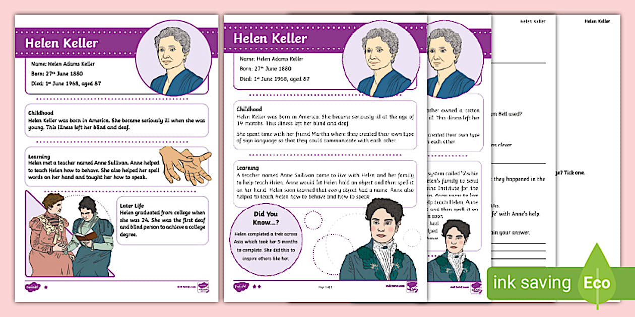 KS1 Helen Keller Differentiated Reading Comprehension Activity