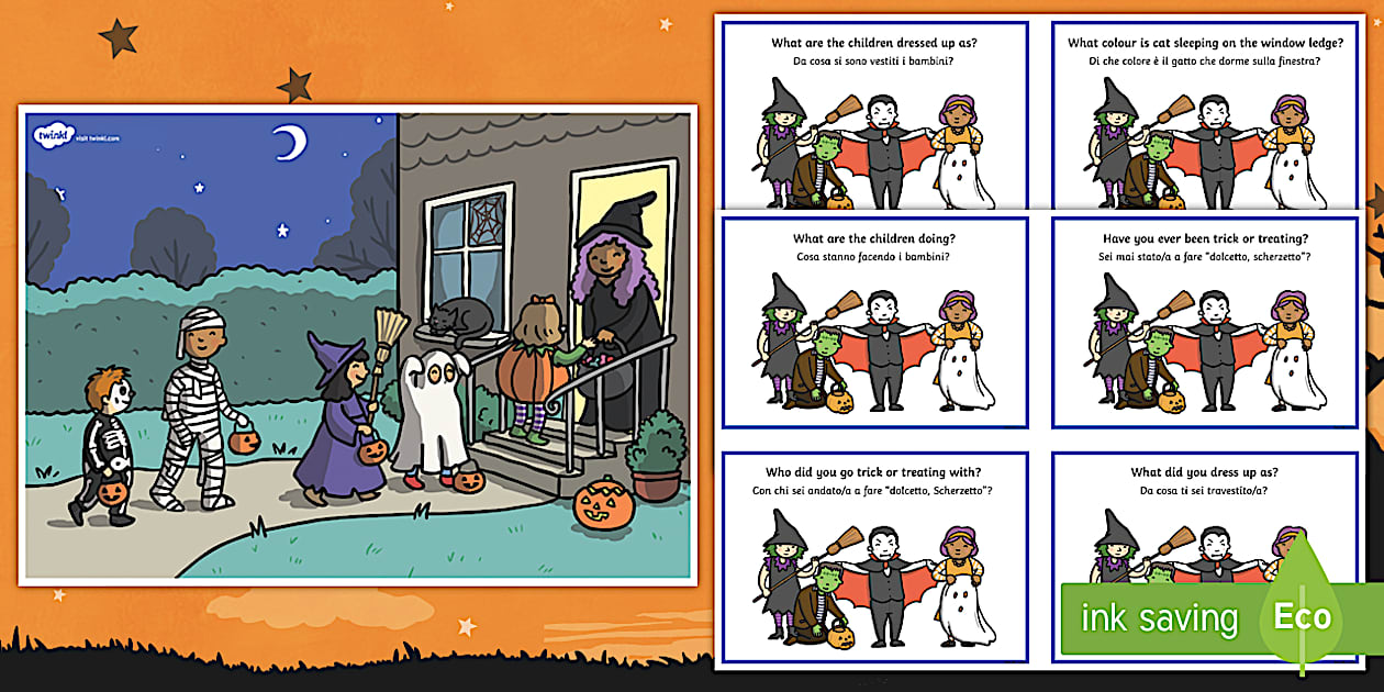 Halloween Scene and Question Cards English/Italian - Twinkl