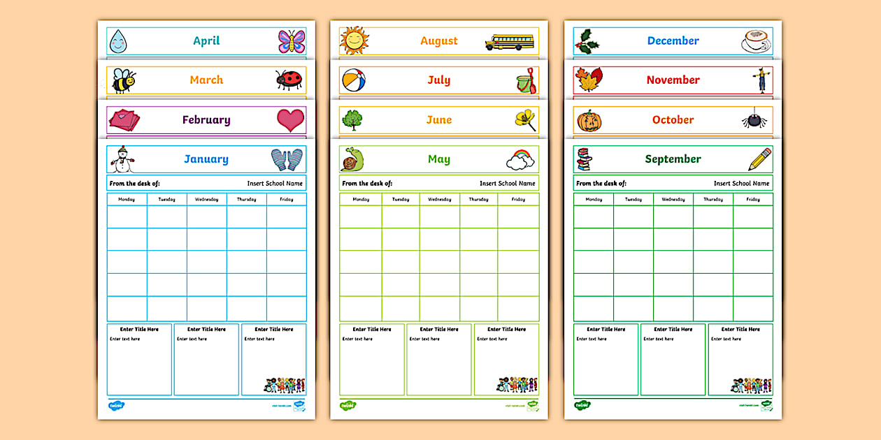 Black and White Editable Monthly Themed Classroom Newsletters