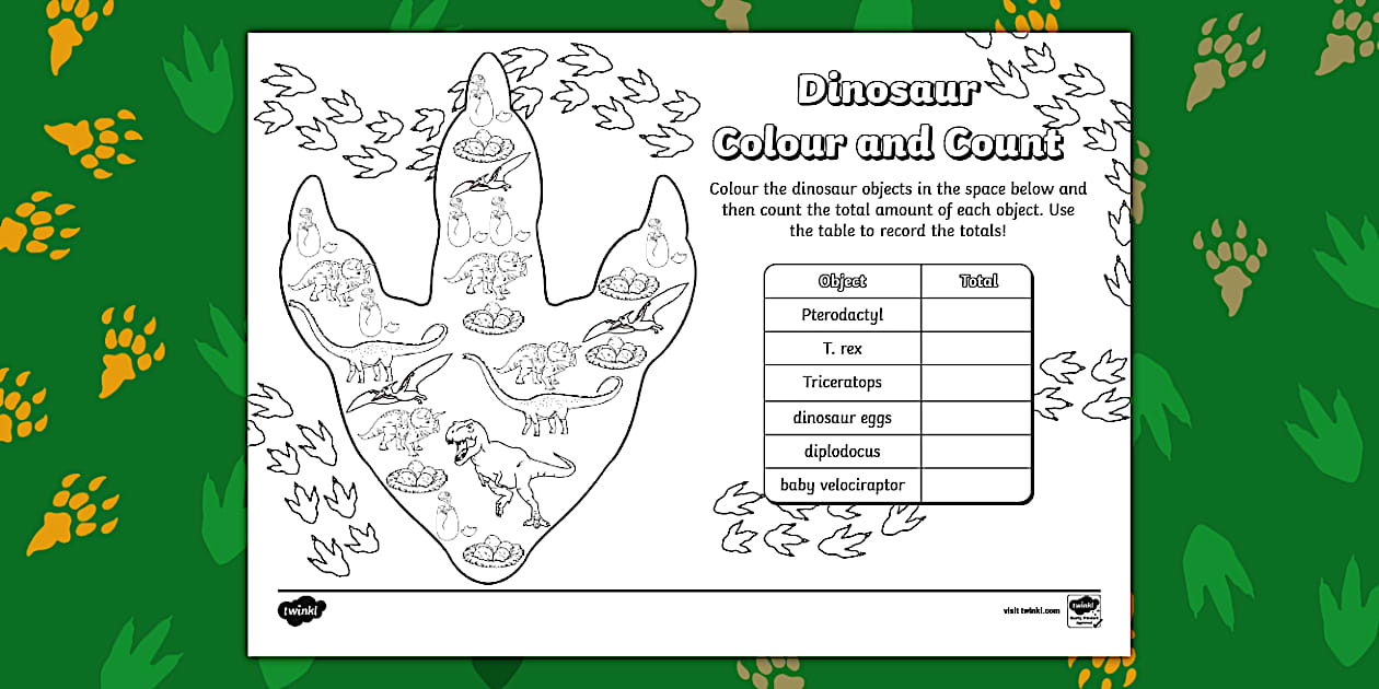 👉 Dinosaur Colour and Count Worksheet - Twinkl