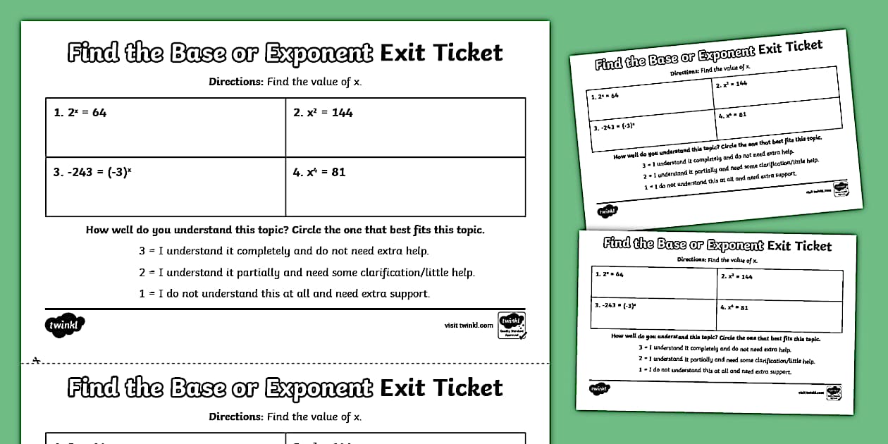 Seventh Grade Find the Base or Exponent Exit Ticket - Twinkl