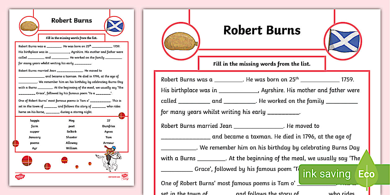 Robert Burns Missing Word Activity Sheet (teacher made)