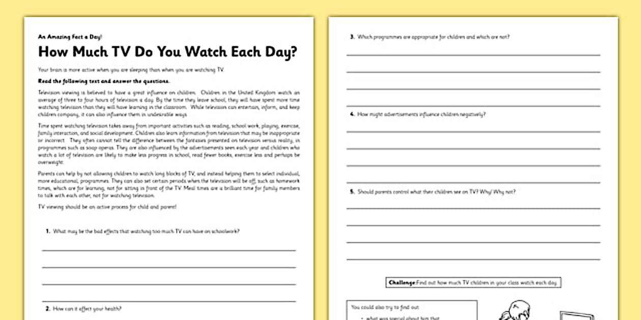 How Much TV Do You Watch Each Day? Reading Comprehension Activity