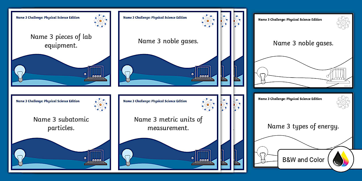 Sixth Grade Physical Science Name 3 Game Challenge Cards