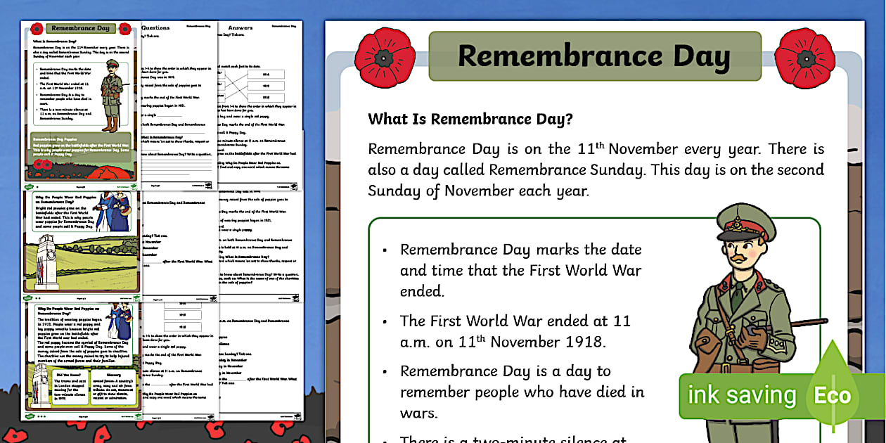 KS1 Remembrance Day Differentiated Comprehension - Twinkl