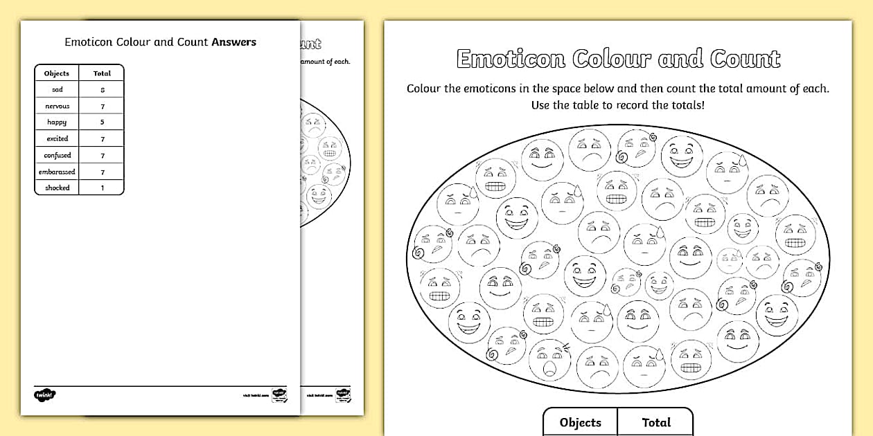 👉 Emoticon Count and Colour Worksheet (teacher made)
