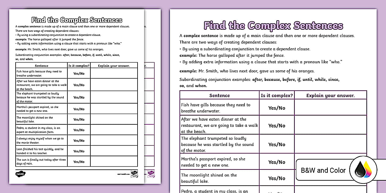 Third Grade Find the Complex Sentences Worksheet - Twinkl